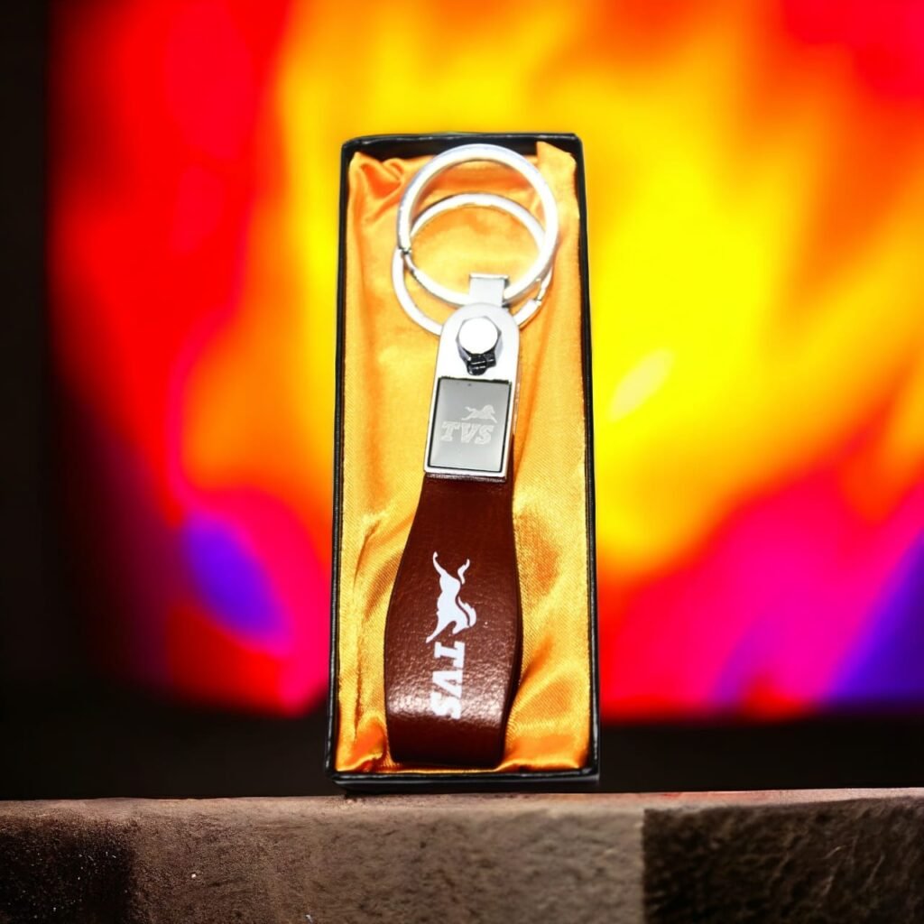 Tvs Premium leather keychain in brown color strap - keychain.co.in